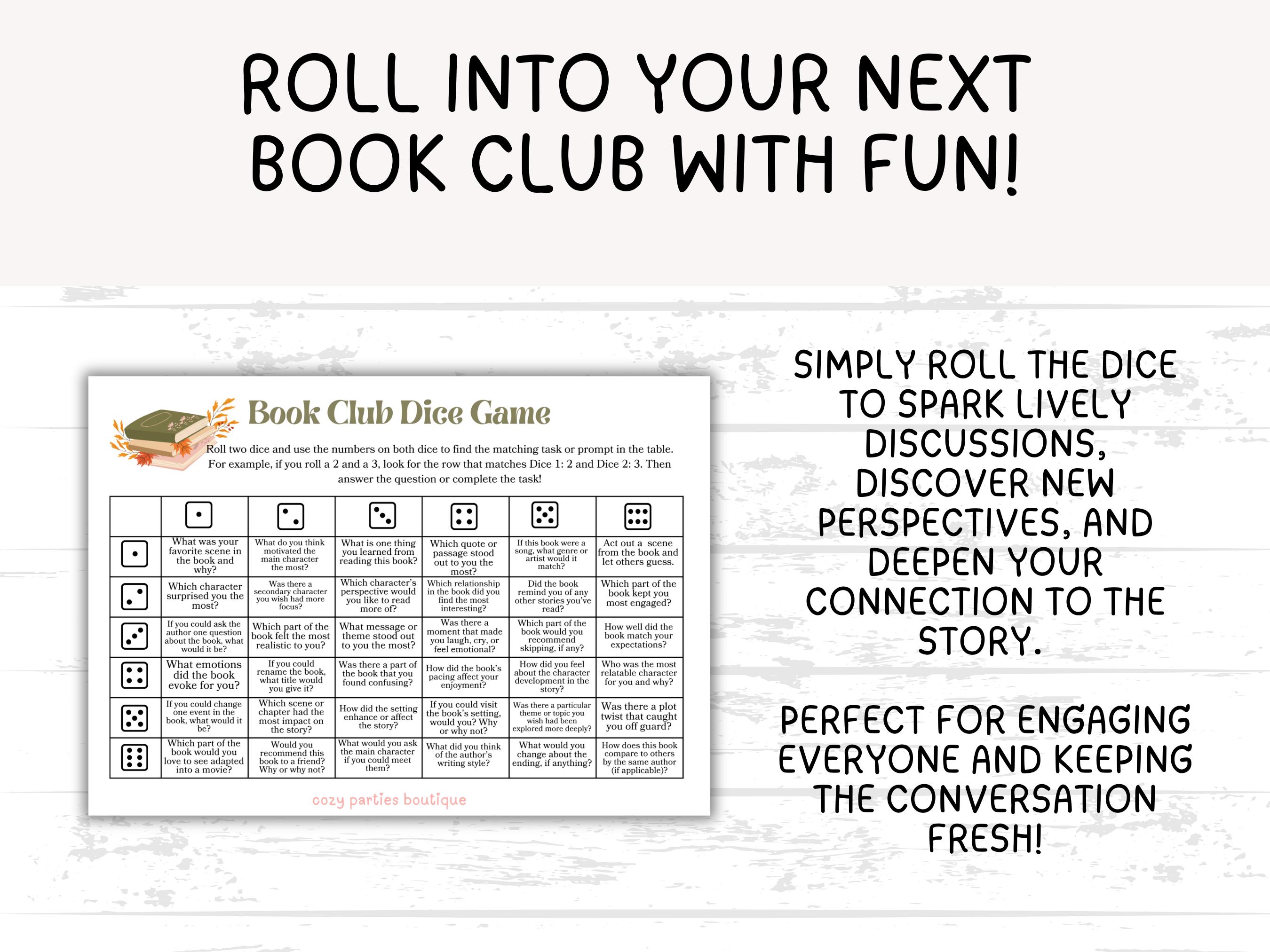 Printable Book Club Dice Game - Conversation Starters, Book Club ...