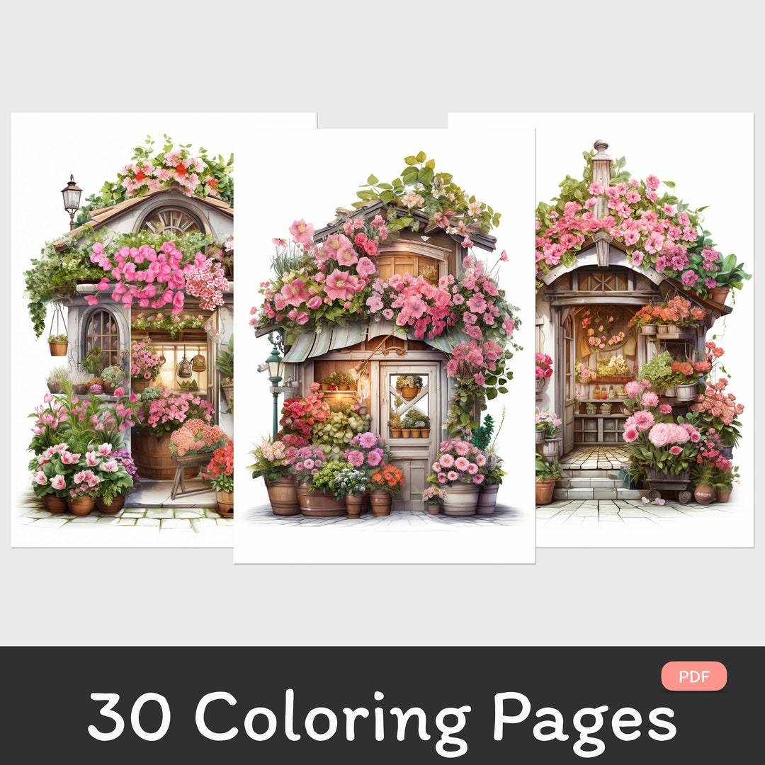 Adult Coloring Book: Cute Flowers Shops | Instant Download | Printable ...