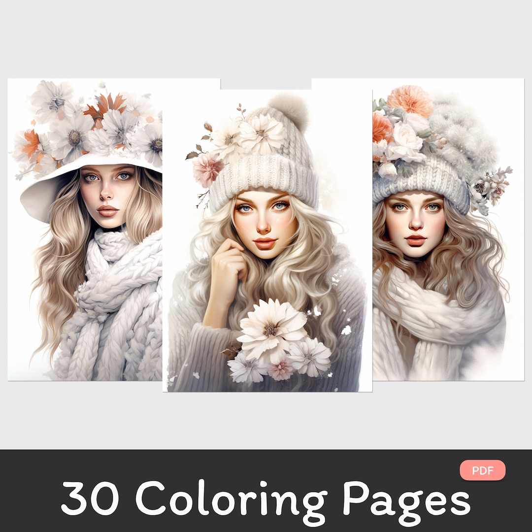 Adult Coloring Book: Blooming Beautiful Wool Hat Girls | Instant ...
