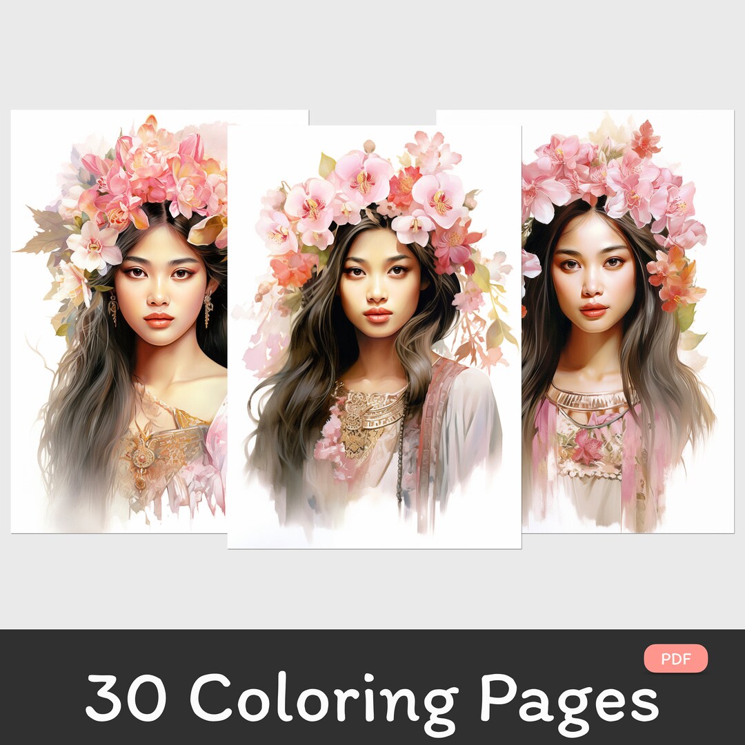 Thai Girl Portrait Coloring Book: Blooming Flowers (printable PDF, 31 ...