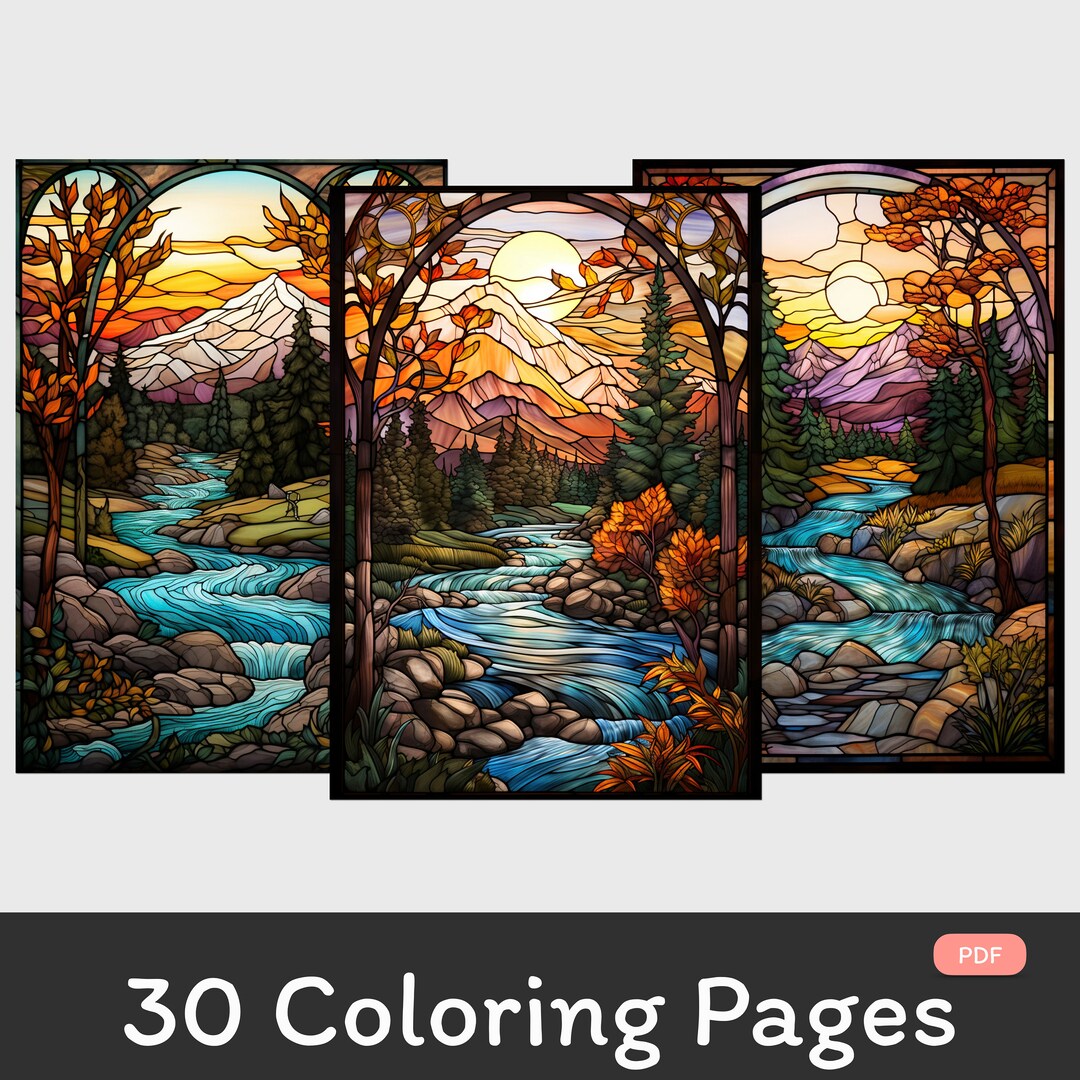 Landscape Stained Glass Coloring Book: 31 Printable Pages (PDF) - Etsy