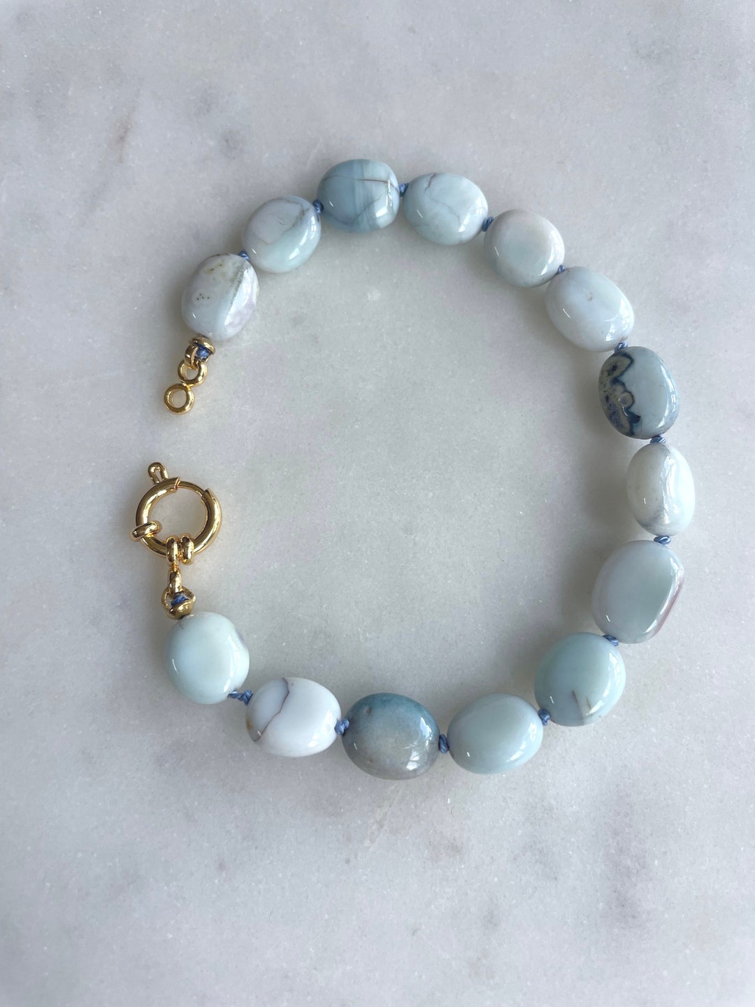 Blue Opal Oval Knotted Bracelet - Natural Blue Opals Hand Knotted on Blue Silk Thread With 14k ...