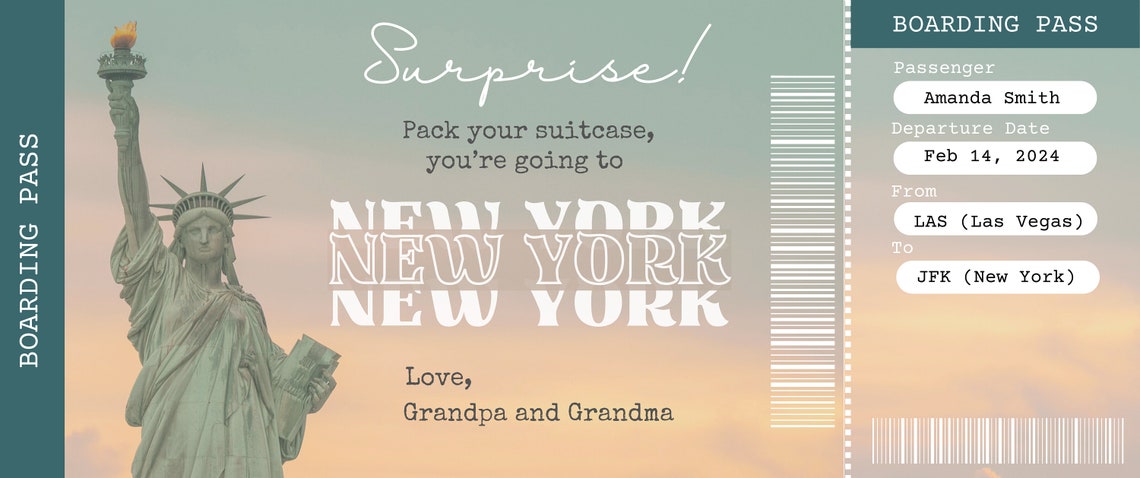 Editable New York City Boarding Pass Template, Surprise Trip Coupon, Personalized Gift Reveal ...
