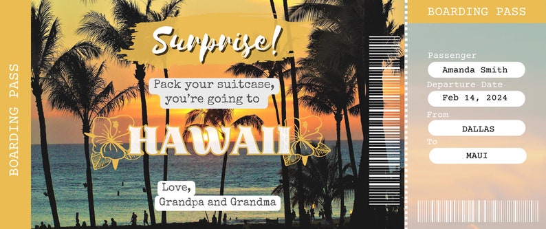 Hawaii Christmas Boarding Pass Ticket Template, Custom Surprise Trip ...