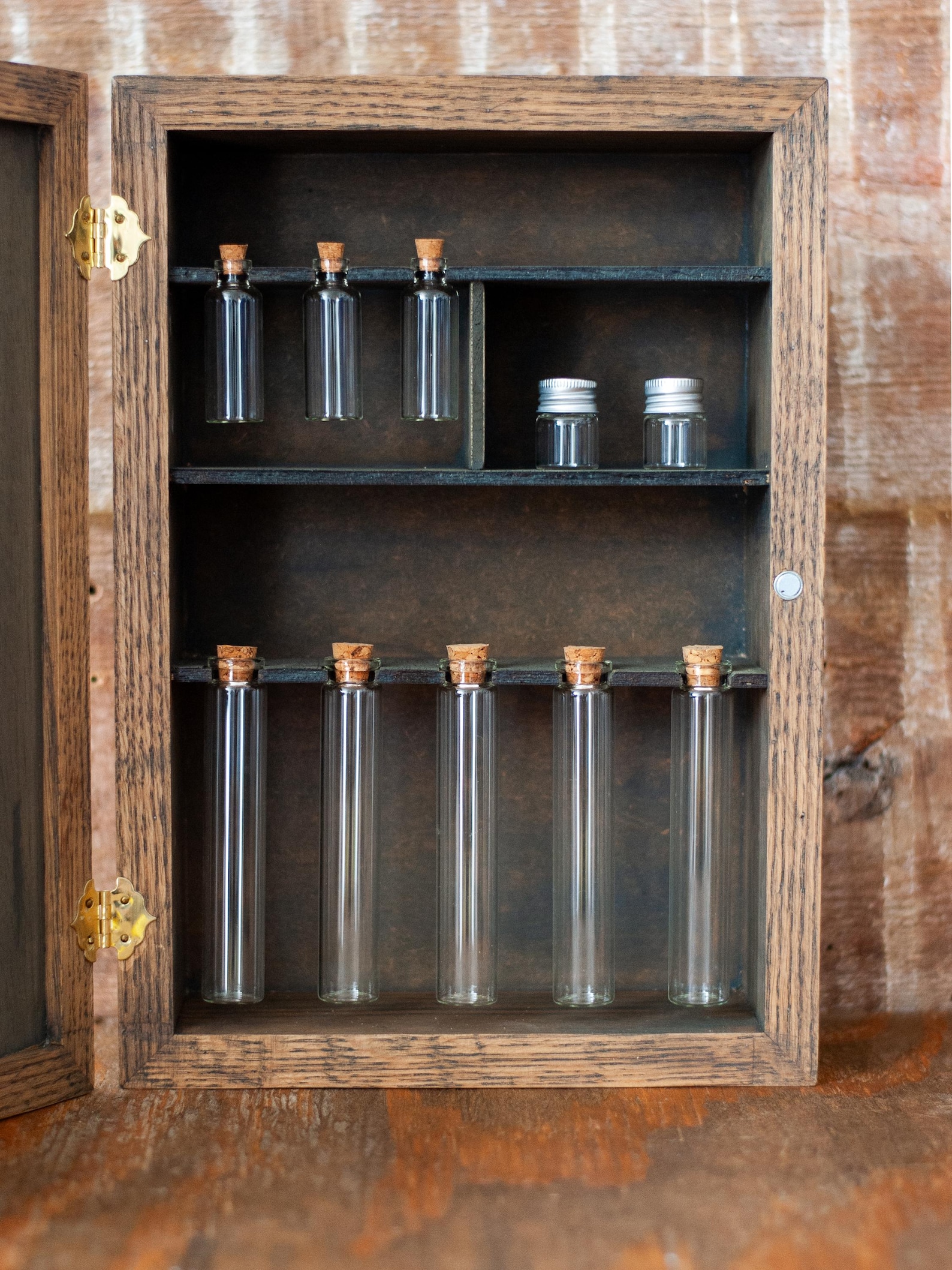 Wooden Apothecary Box With Glass Vials & Bottles | Rustic Handcrafted ...