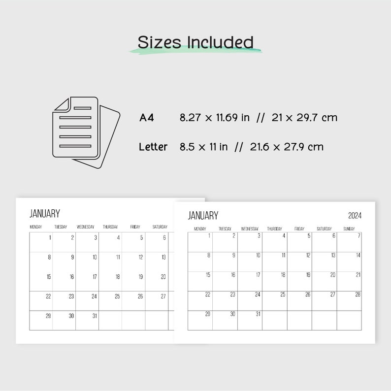 Minimalist Horizontal Calendar Planner, Printable and Digital, Flexible ...