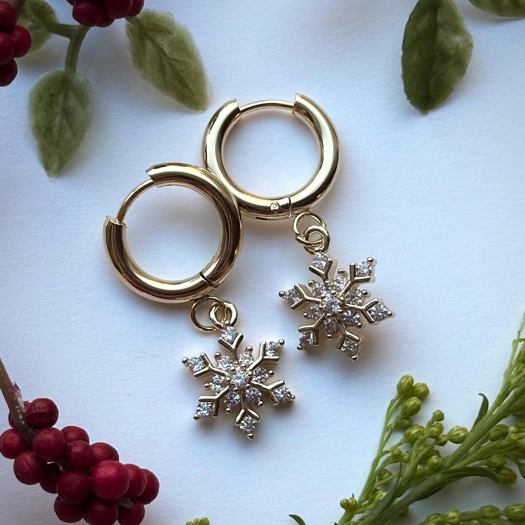 Dainty Minimal Snowflake Holiday Earrings Gold Hoop Cubic Zirconia ...