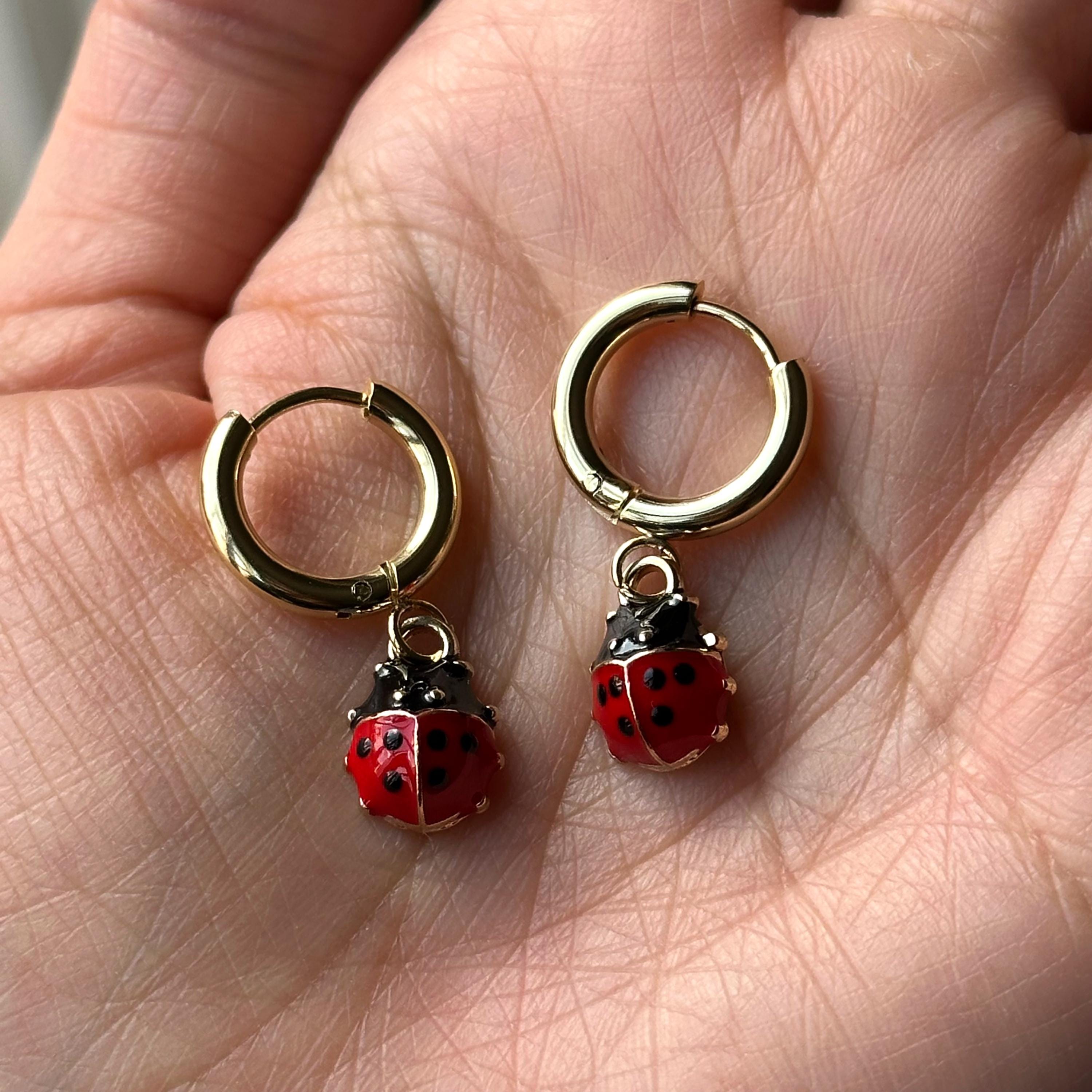 Ladybug Earrings • Gold Enamel Dangling Hoop Huggies • Gifts for Her ...