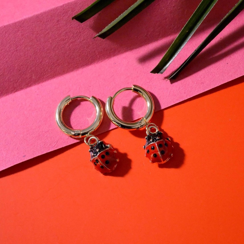Ladybug Earrings • Gold Enamel Dangling Hoop Huggies • Gifts for Her ...