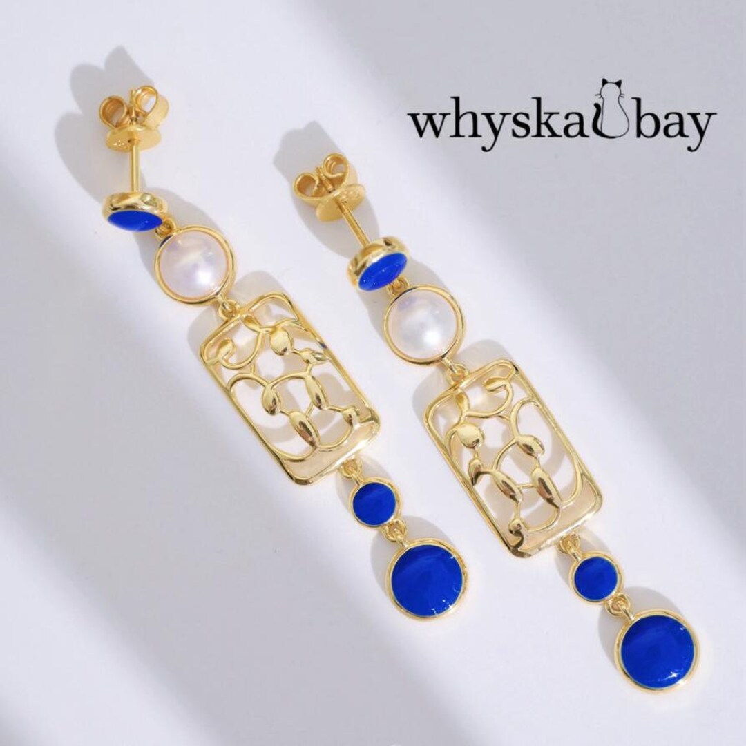 Blue Enamel Gold Paris Window Earrings: Sterling Silver Pearl Dangle - Etsy