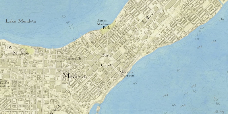 Printable Map of the Isthmus of Madison Wisconsin. Lakes Mendota ...