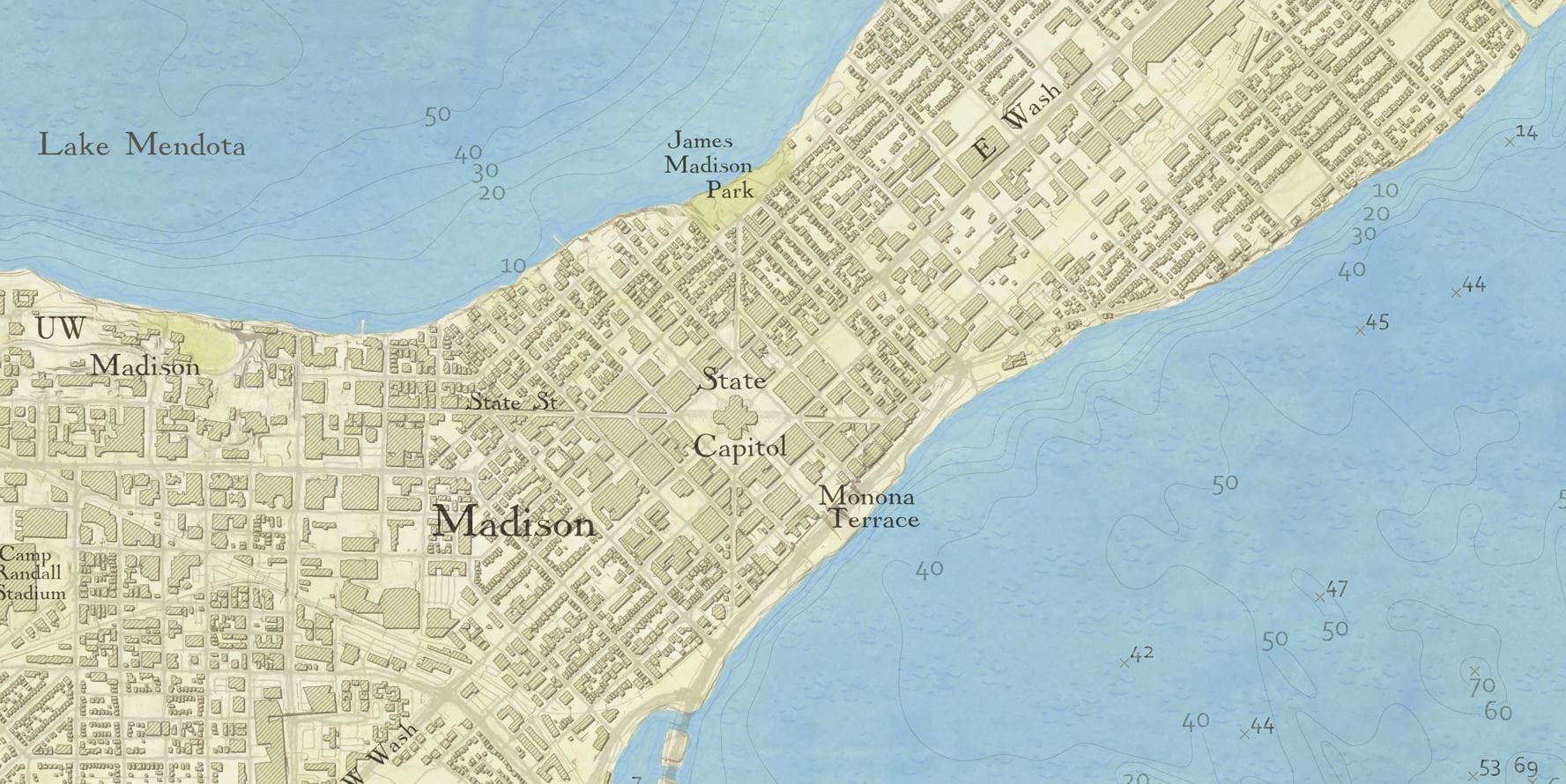 Printable Map of the Isthmus of Madison Wisconsin. Lakes Mendota ...