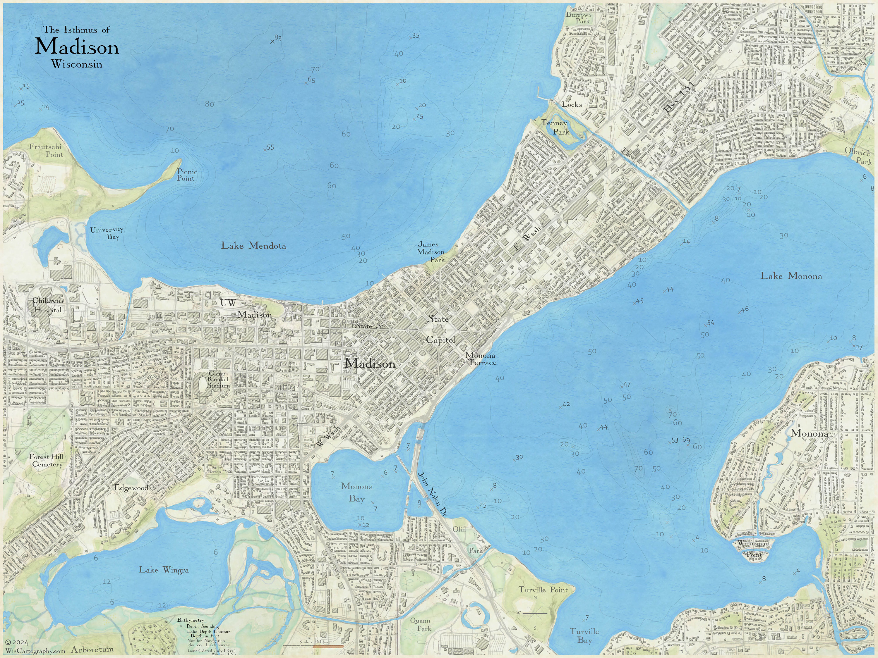 Printable Map of the Isthmus of Madison Wisconsin. Lakes Mendota ...