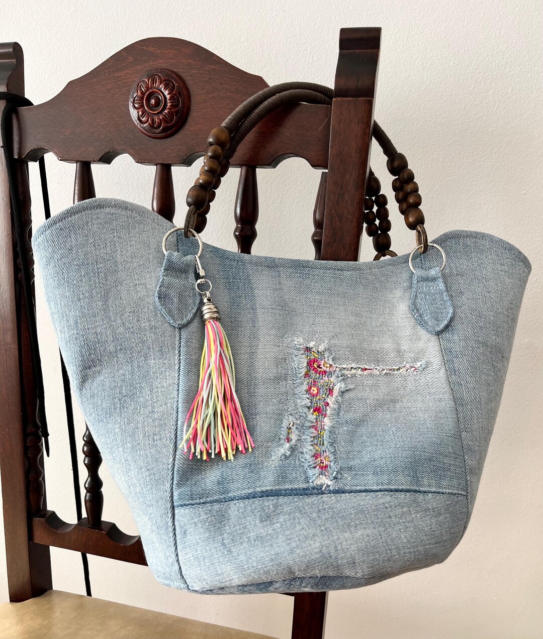 Shopper Bag With Wooden Bead Handles - Etsy