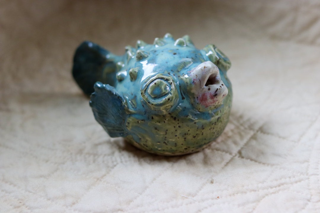 Ceramic Art Green Puffer Fish, Sea Art,pottery Fish Sculpture, Fish ...