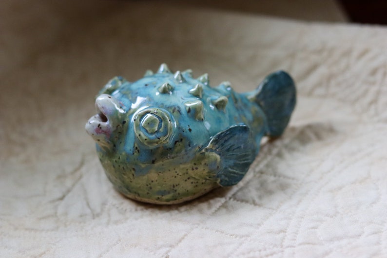 Ceramic Art Green Puffer Fish, Sea Art,pottery Fish Sculpture, Fish ...