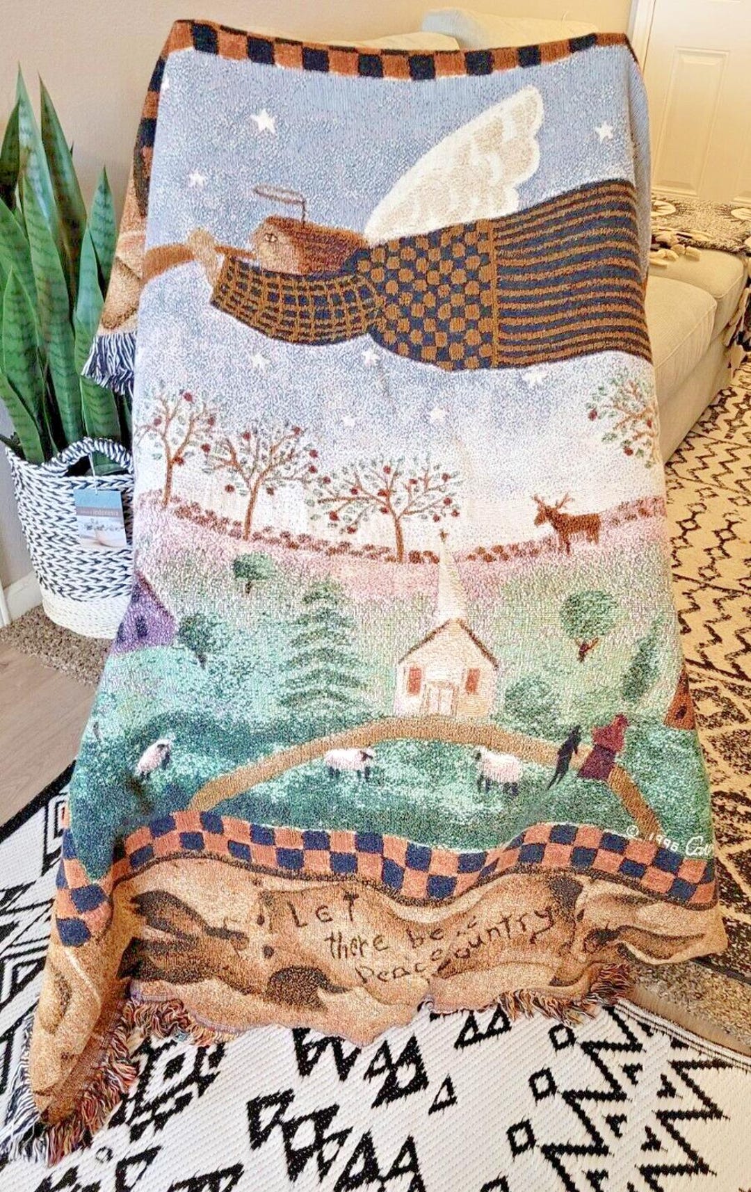 Vintage Weaver 1996 Primitive Farmhouse Country Angel Throw Tapestry ...