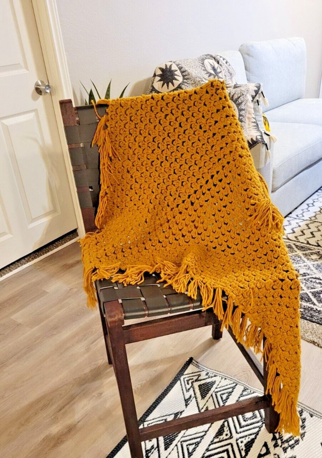 Handmade 70s Style Crochet Vintage Granny Style Mustard Shawl Wrap App ...