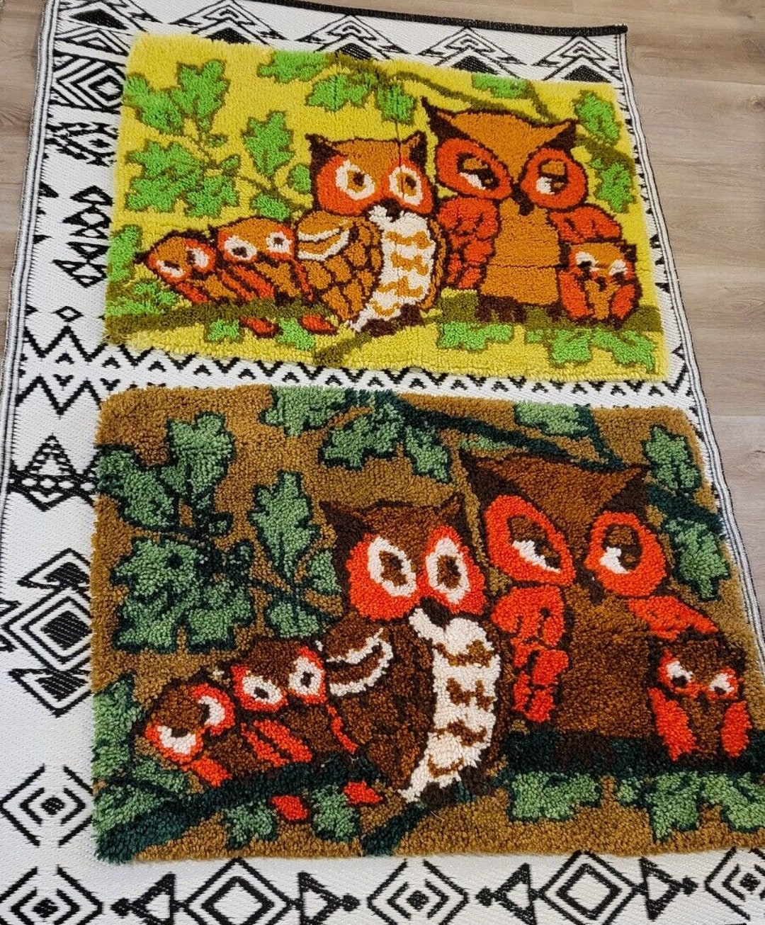 Set of 2 Vintage '70s Owl Family Latch Rugs MCM Approx 35x30 RARE HTF ...