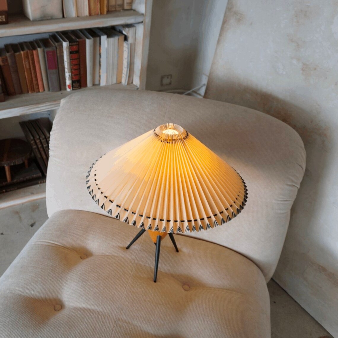 Mid Century, Danish, Japandi Style, Wooden, Pleated Lampshade, Table ...