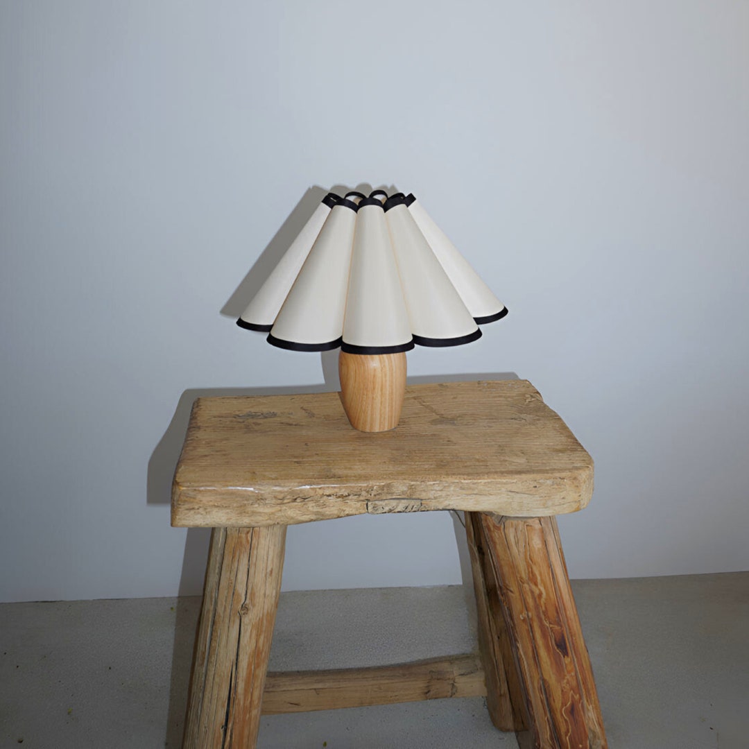 Wooden Pillar Pleated Table Lamp, Fabric Shade for Bedroom Living Room ...
