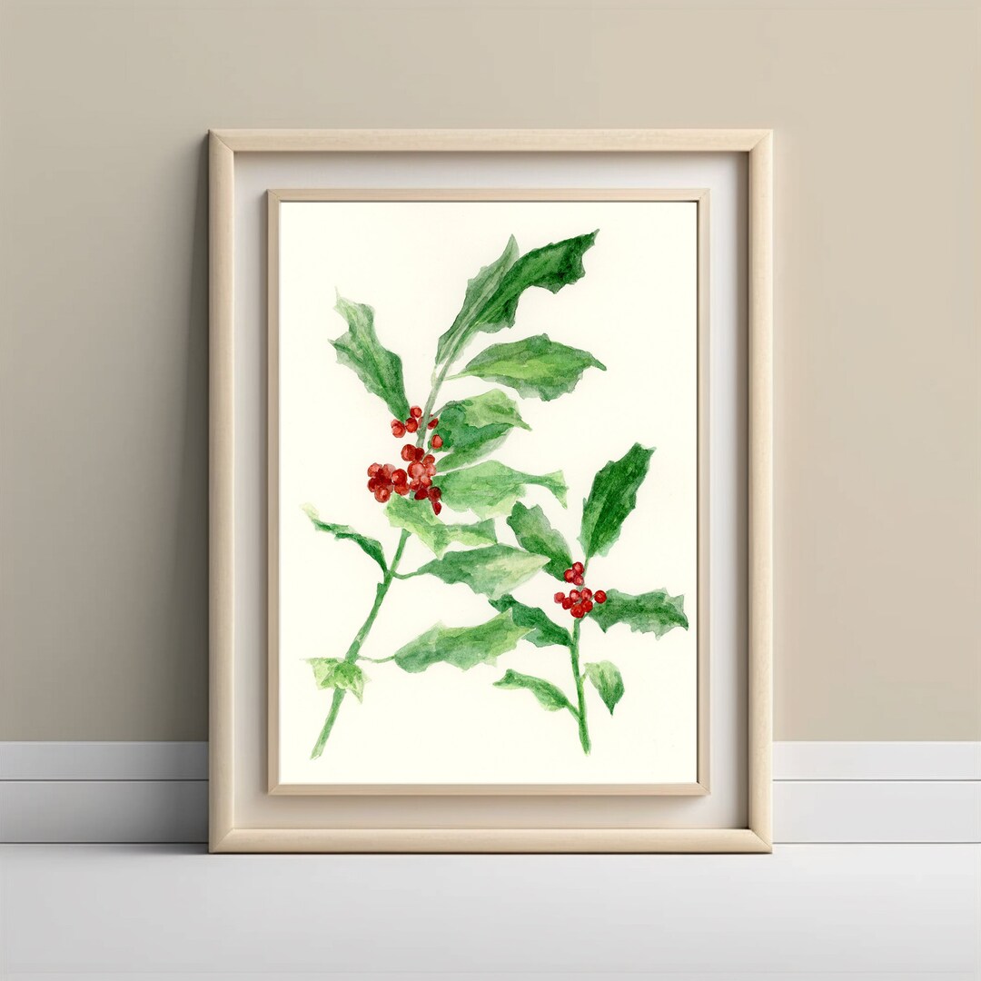 Holly Branches Watercolor Painting - Etsy
