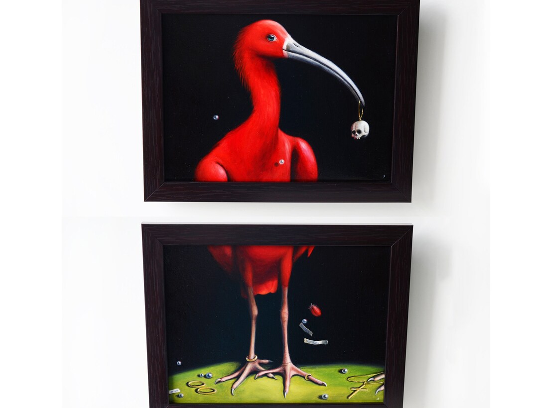 TWO PAINTINGS, Vanitas Bird, Red Bird, Jewelry Fun, Memento Mori ...