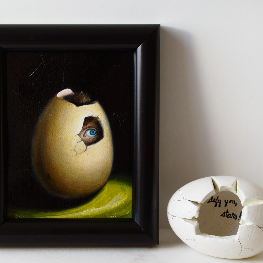 Late Bloomer Painting and 'I Defy You Stars' Egg Sculpture Shakespeare ...