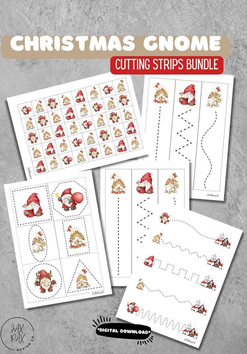 Christmas Gnome Cutting Strips Bundle, Preschool Scissor & Tracing ...