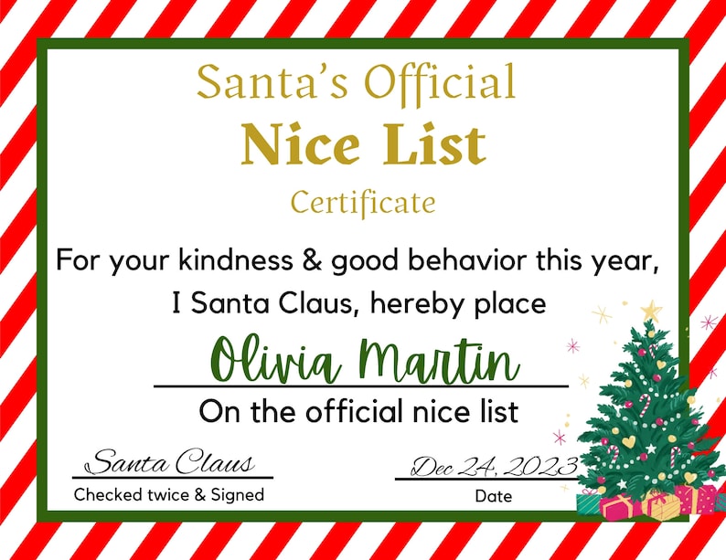 Santa's Nice List Certificate, Official Nice Certificate From the Desk ...