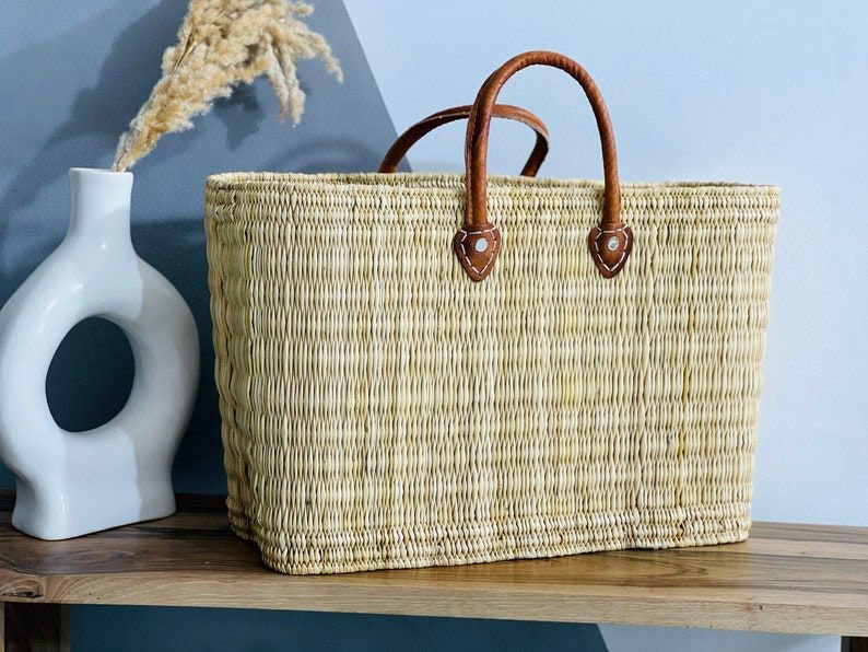 Straw Bag With Leather Handle, Shopping Basket Bag, Moroccan Basket ...