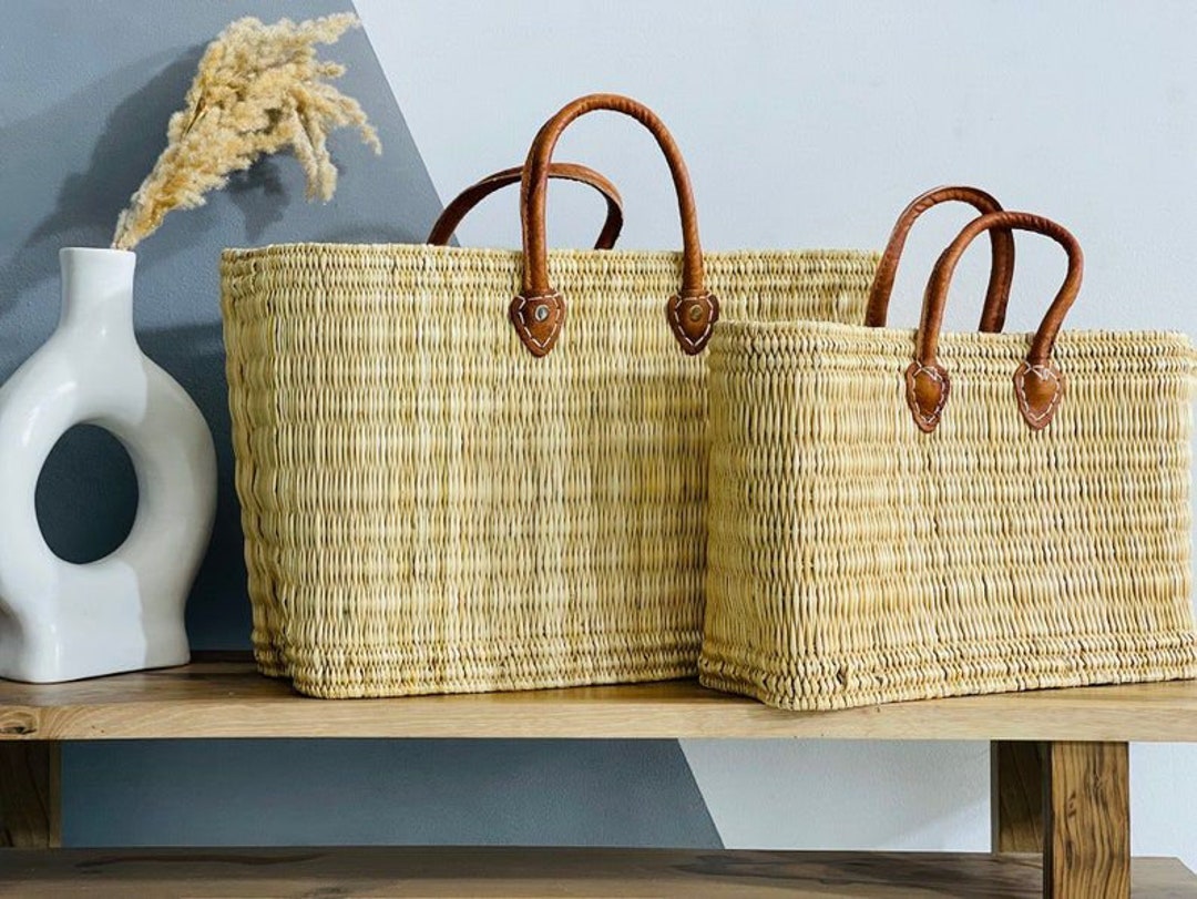 Handmade Large Straw French Baskets With Leather Straps, Straw Basket ...