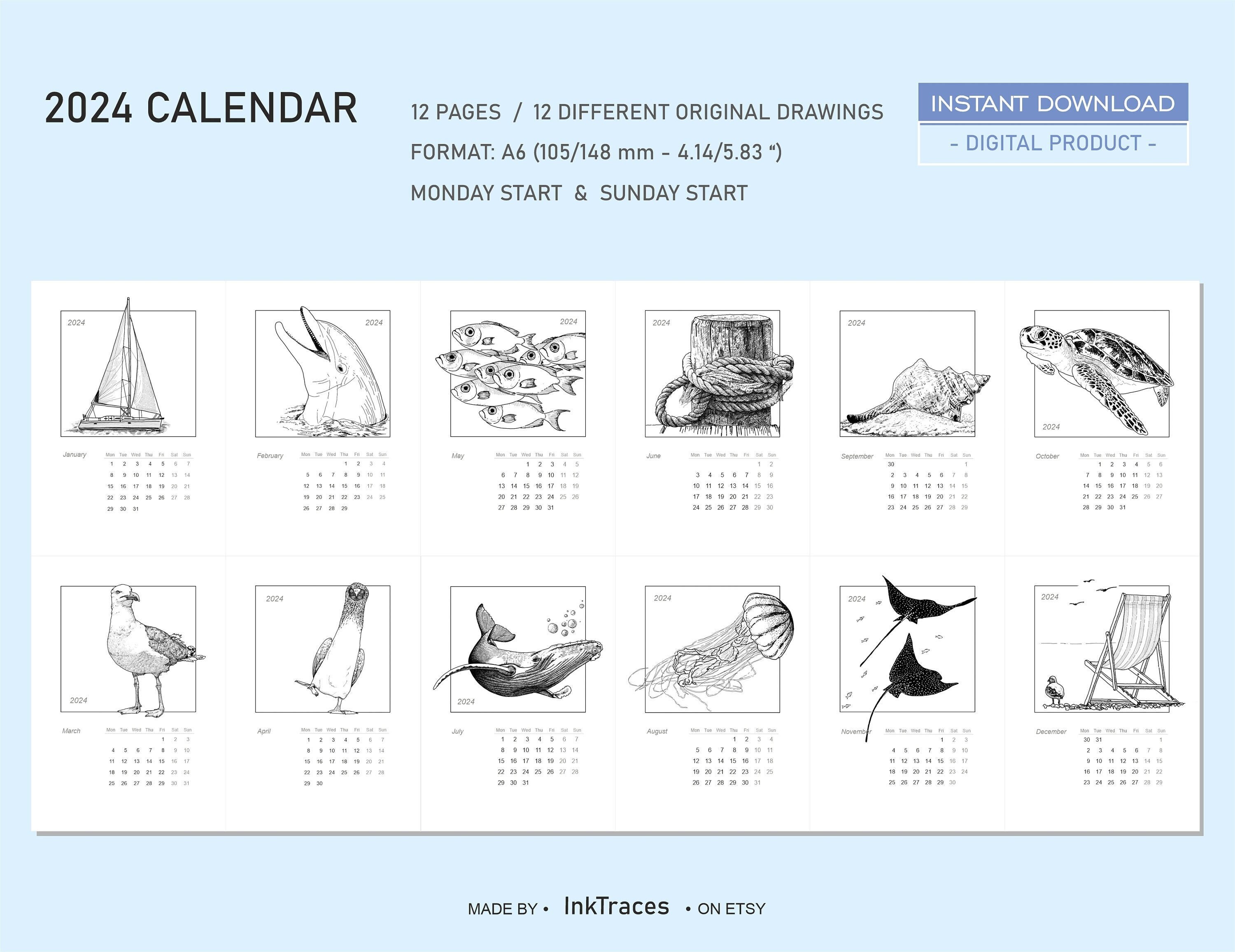 2024 Year Printable Art Calendar Desktop Calendar 12 Pages Nature ...