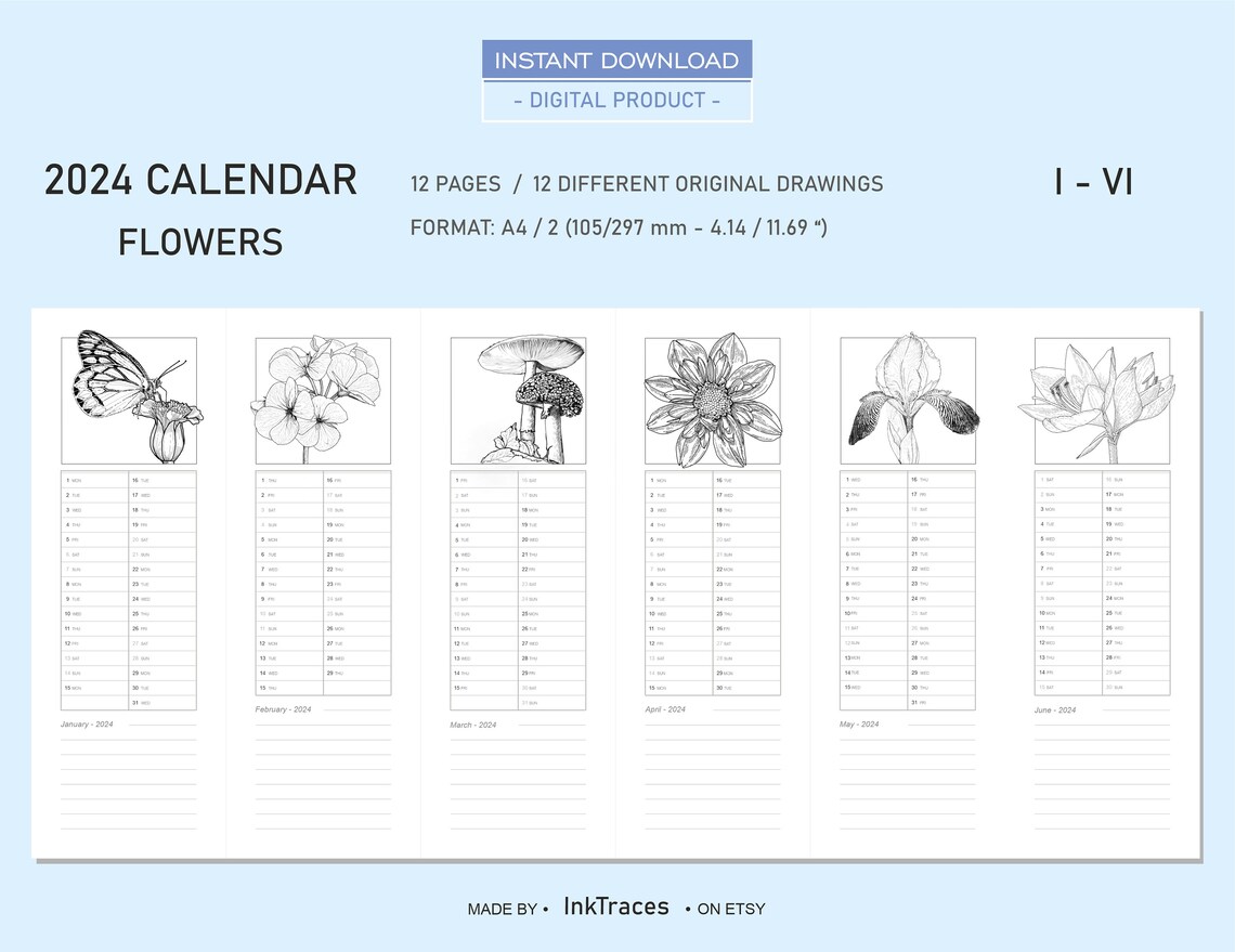 2024 Year Calendar Printable 12 Month Art Calendar Planner 2024 ...