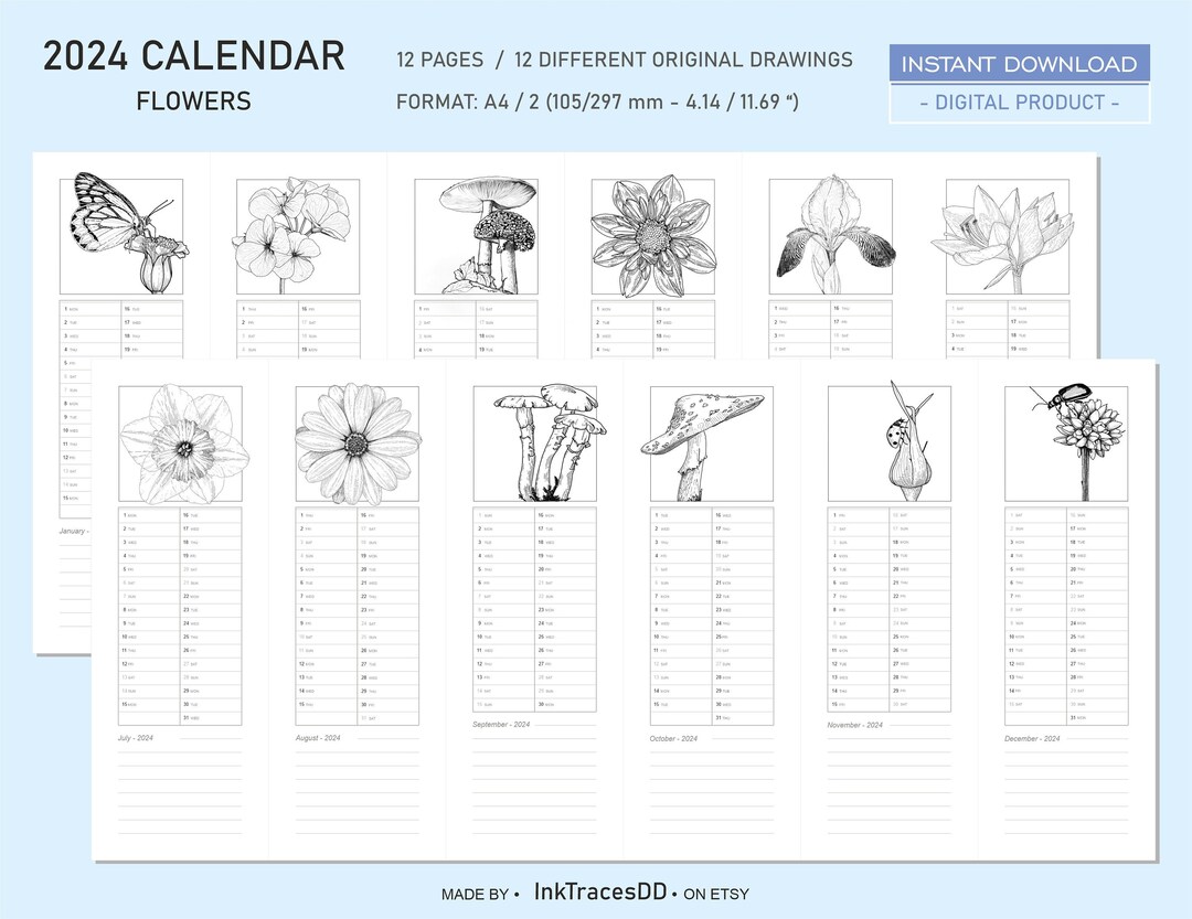 2024 Year Calendar Printable 12 Month Art Calendar Planner 2024 ...
