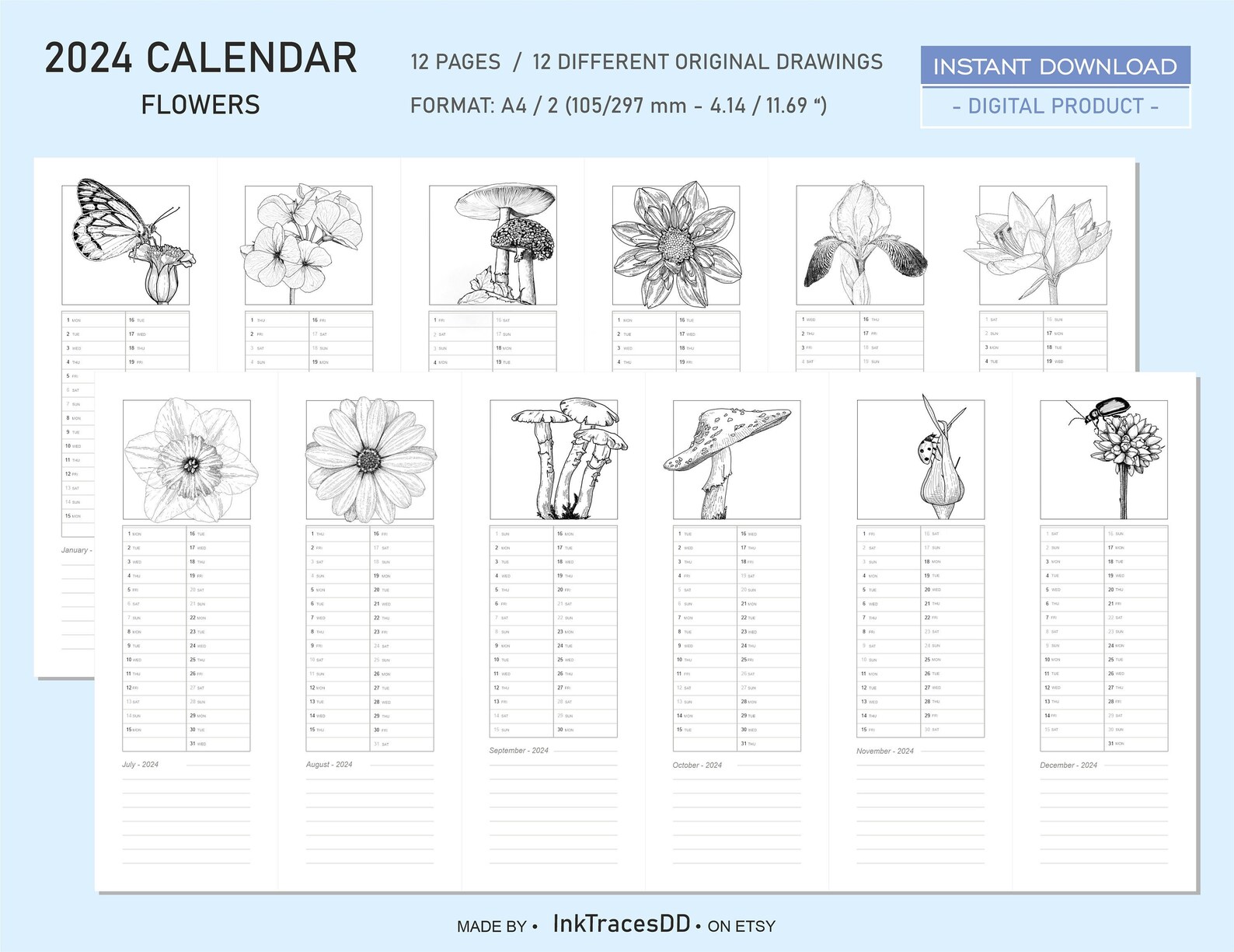 2024 Year Calendar Printable 12 Month Art Calendar Planner 2024 ...