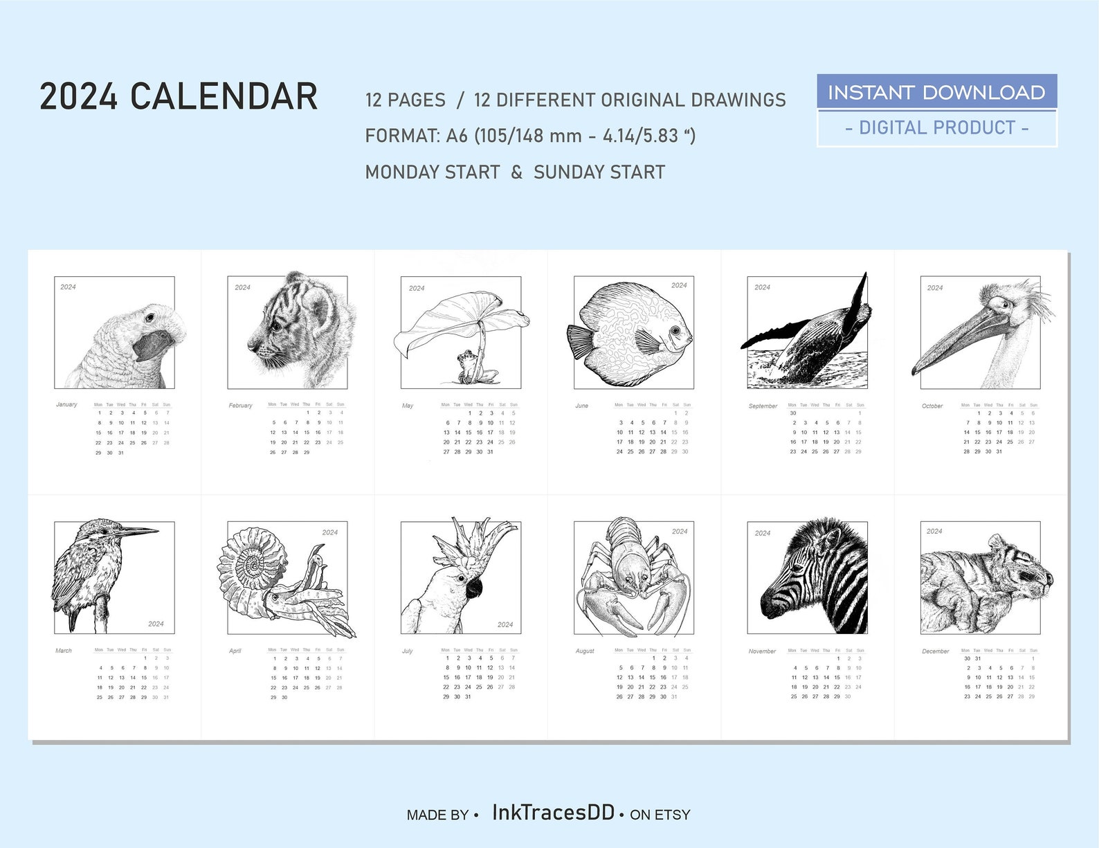 2024 Year Calendar Printable 12 Month Art Calendar 2024 Minimalist ...