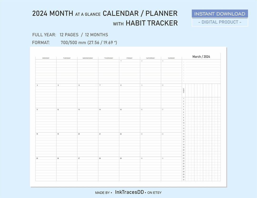 Printable 2024 MONTH Calendar Planner + Habit Tracker, Minimalist ...