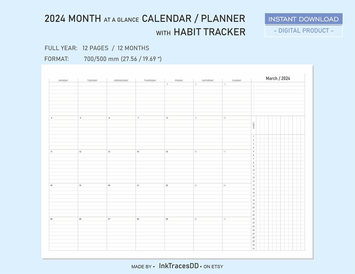 Printable 2024 MONTH Calendar Planner + Habit Tracker, Minimalist ...