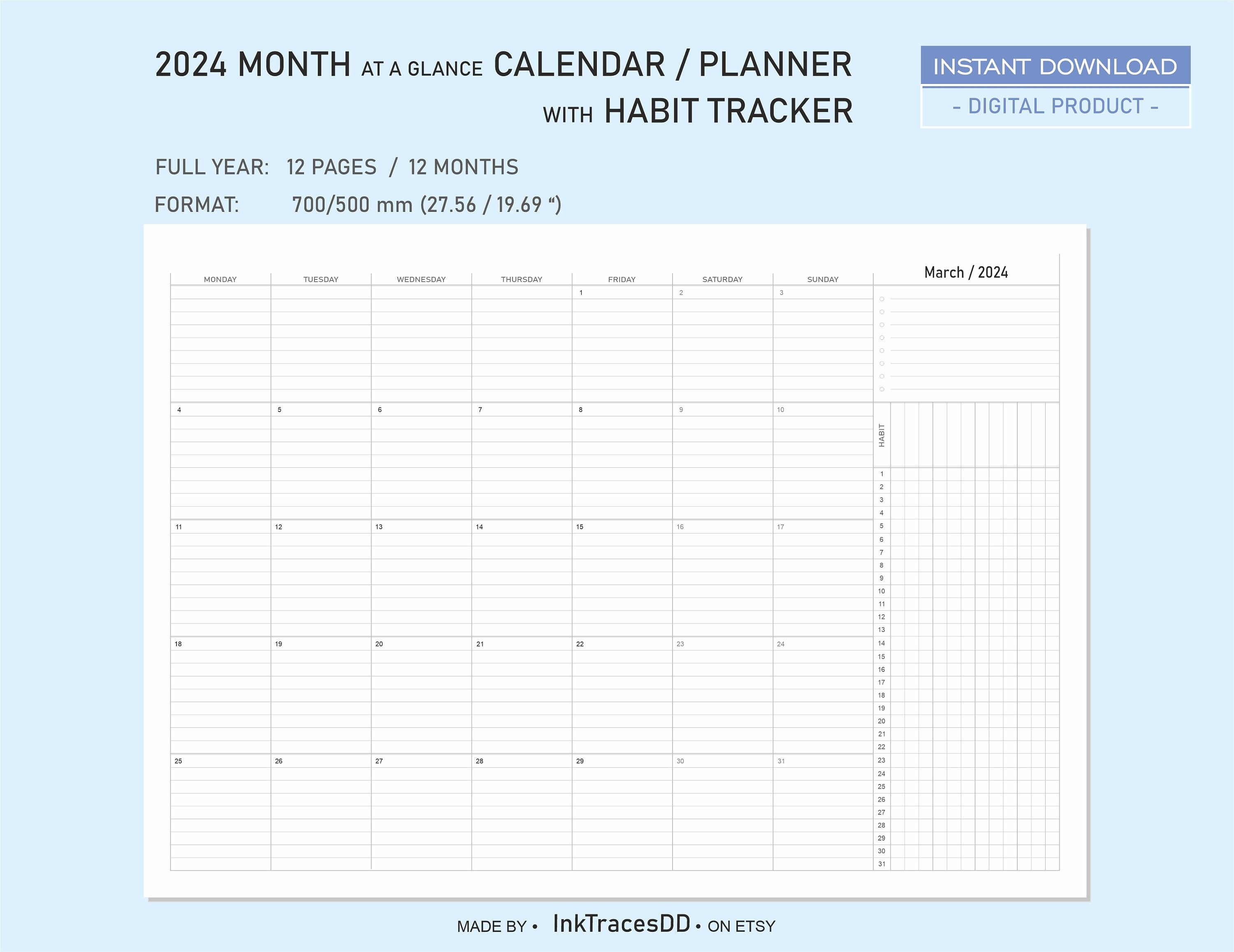 Printable 2024 MONTH Calendar Planner + Habit Tracker, Minimalist ...