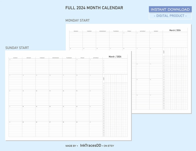 Printable 2024 MONTH Calendar Planner + Habit Tracker, Minimalist ...