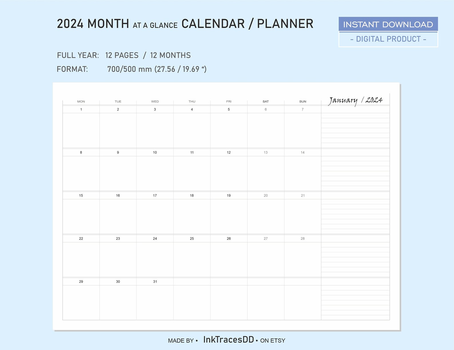 Printable 2024 MONTH Calendar Planner Minimalist Design Planner FULL ...