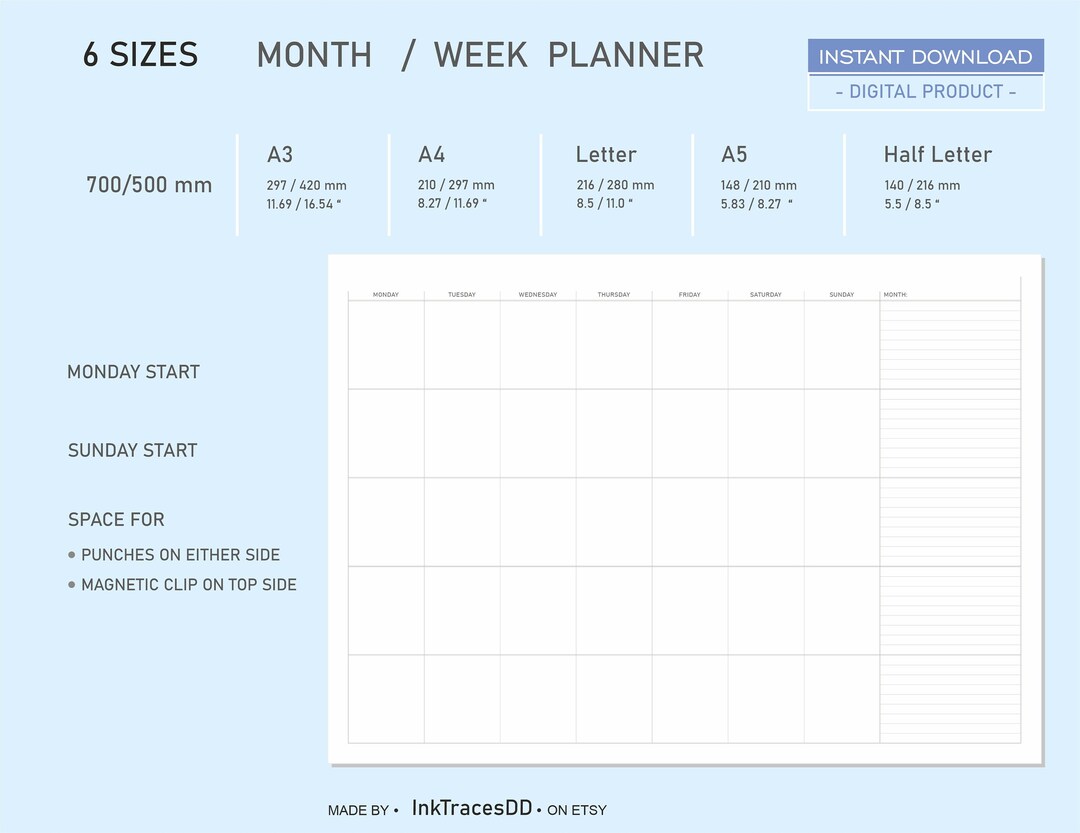 Printable Month Week Planner Minimalist Design Planner Week Instant ...