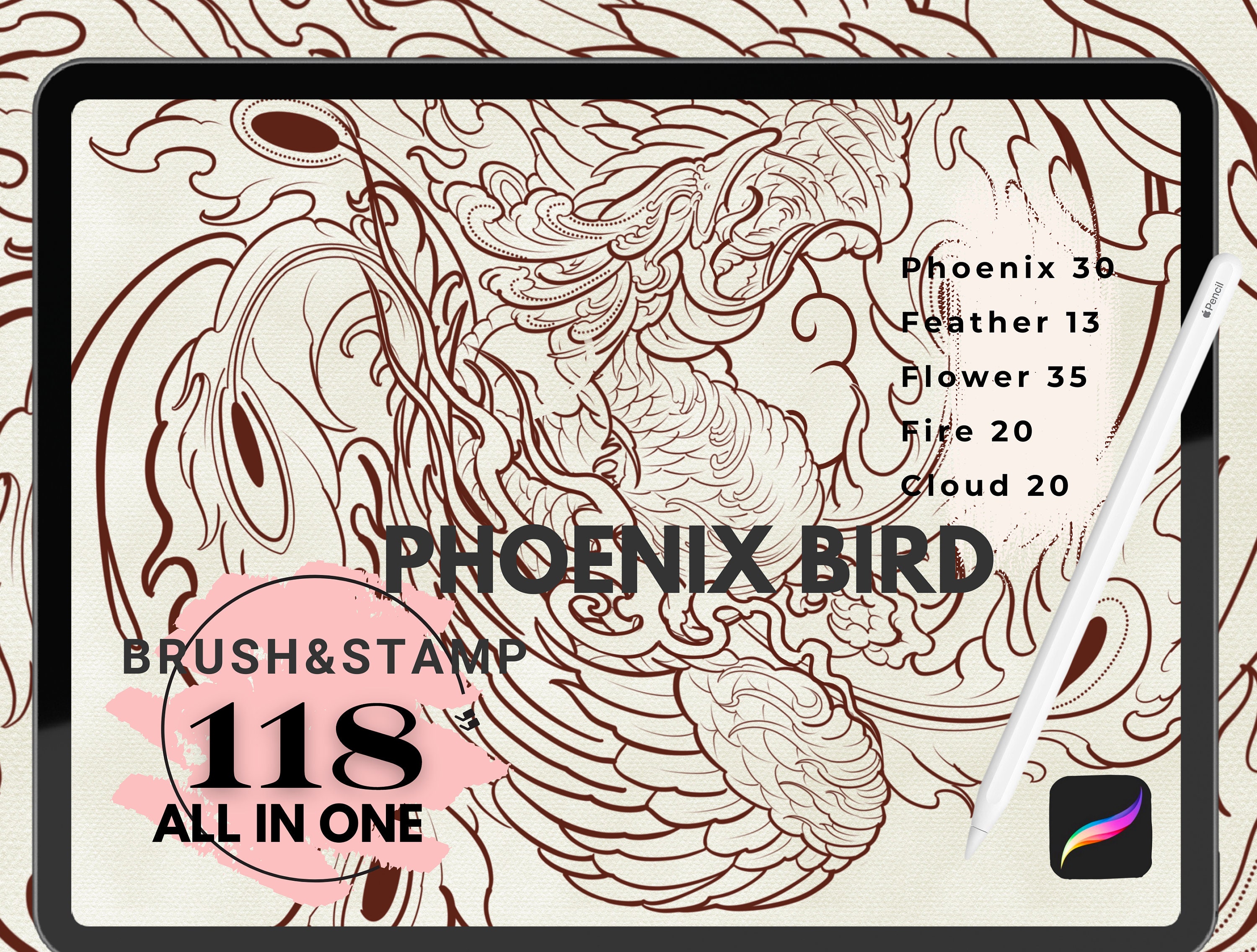 Procreate Phoenix Brush Set: Japanese Tattoo Art Stamps (digital ...
