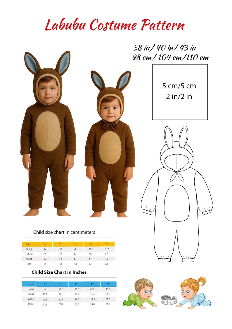 LABUBU Costume for Kids Pattern, Children's Sizes 3-5 Years (PDF Sewing ...