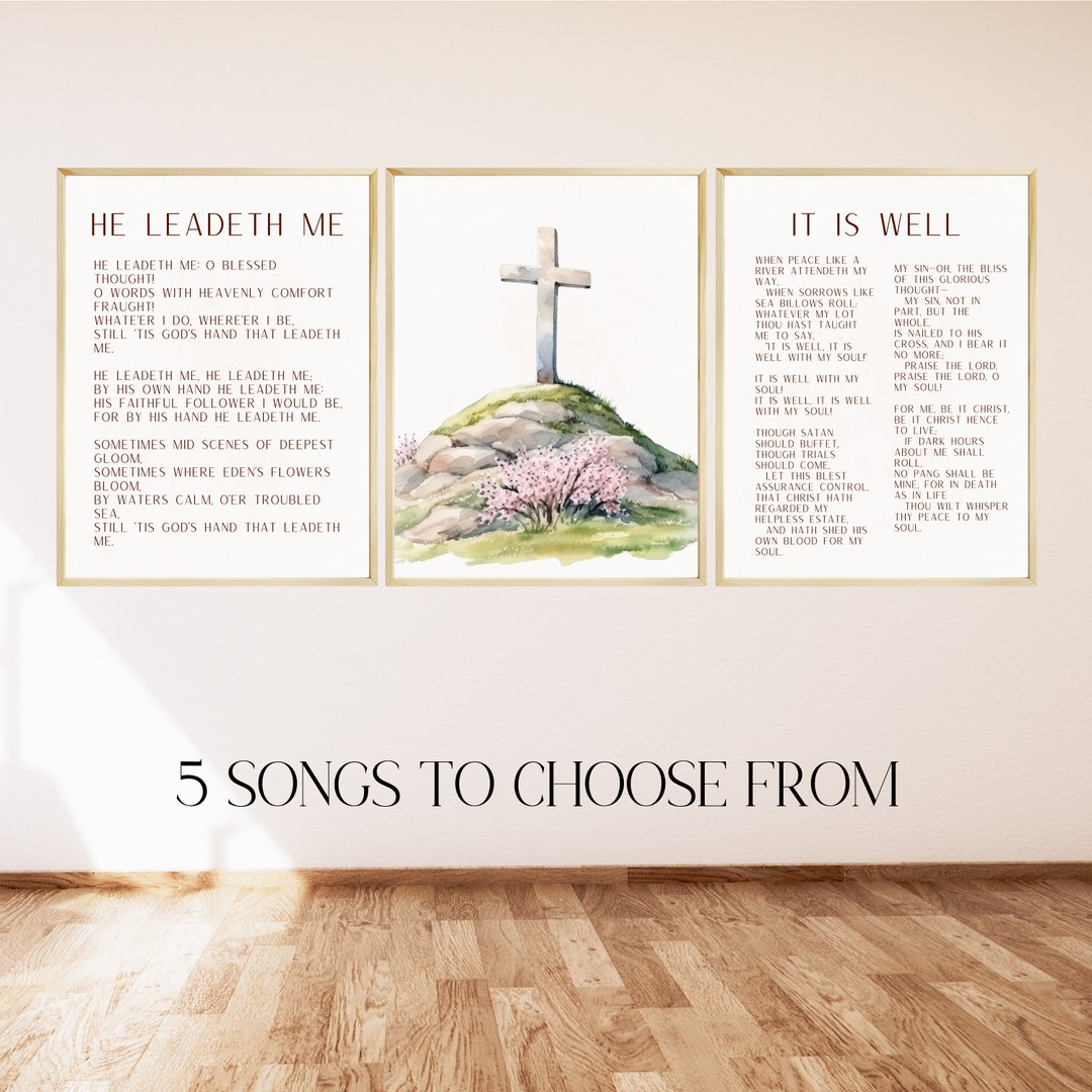 Christian Hymn Wall Art Set of 3, It is Well, He Leadeth Me, Worship ...