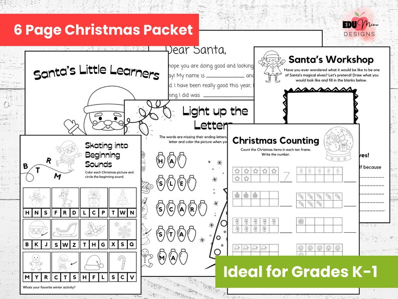 Christmas Themed Worksheet Packet for Kinder-1st Grade - Phonics ...