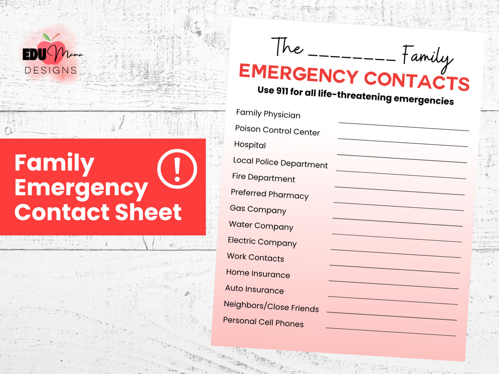 Family Emergency Contact Sheet - Printable - Etsy