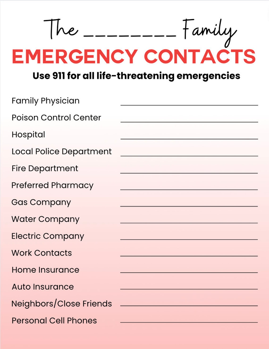 Family Emergency Contact Sheet - Printable - Etsy
