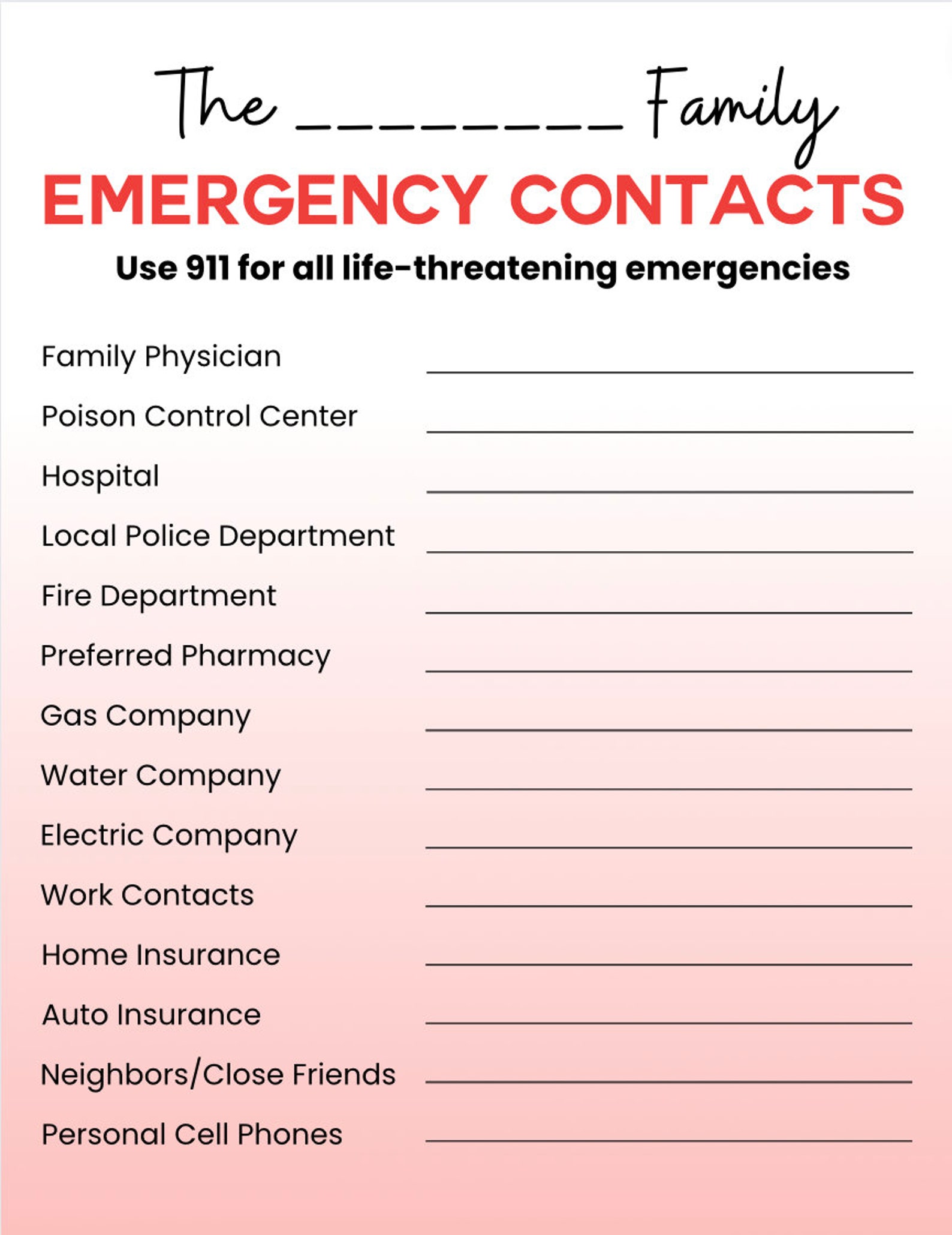 Family Emergency Contact Sheet - Printable - Etsy